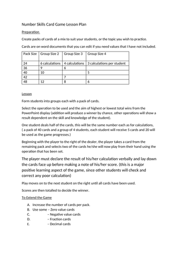 Number Skills Card Game | Teaching Resources