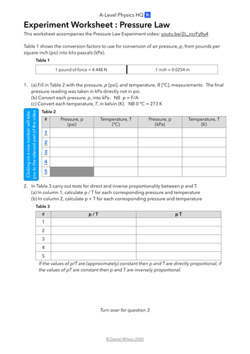 Gas Pressure Law Experiment Worksheet | Teaching Resources