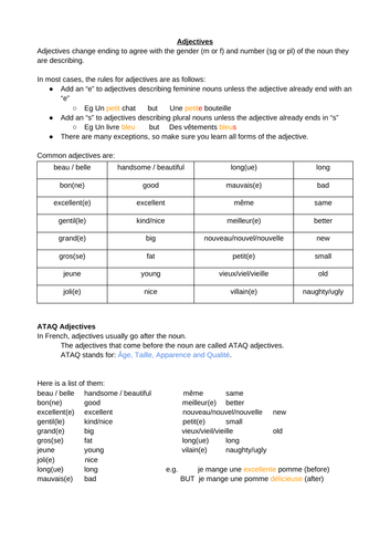 French GCSE Notes: Adjectives | Teaching Resources