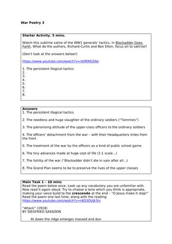 Unit on War Poetry for Remote Learning | Teaching Resources