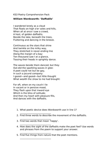 10 x KS3 Poetry Comprehension Worksheets | Teaching Resources