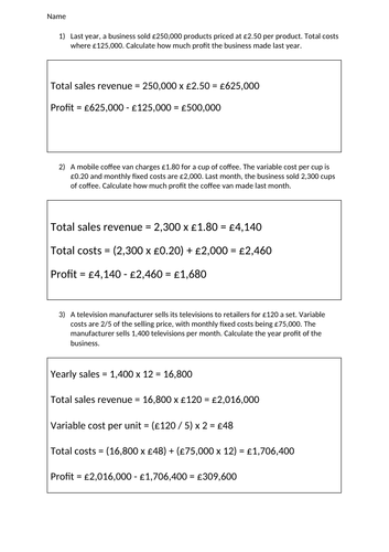 Profit Worksheets | Teaching Resources