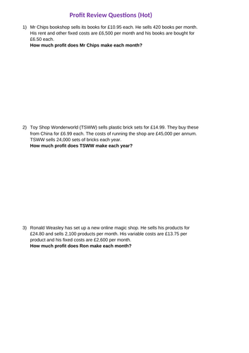 Profit Worksheets | Teaching Resources