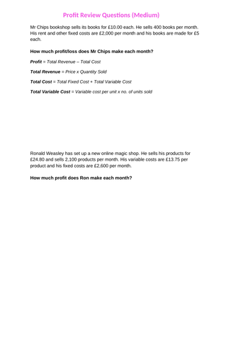 Profit Worksheets | Teaching Resources