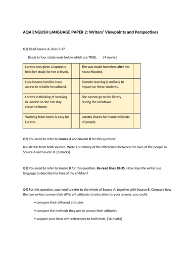 English Language Paper 2 Mock | Teaching Resources