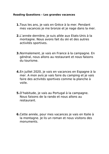 French les vacances holidays recap and reading task | Teaching Resources