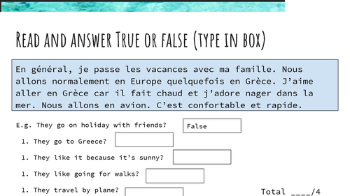 French les vacances holidays recap and reading task | Teaching Resources