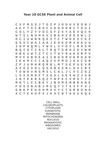 Year 10 GCSE Plant and Animal Cell word search | Teaching Resources