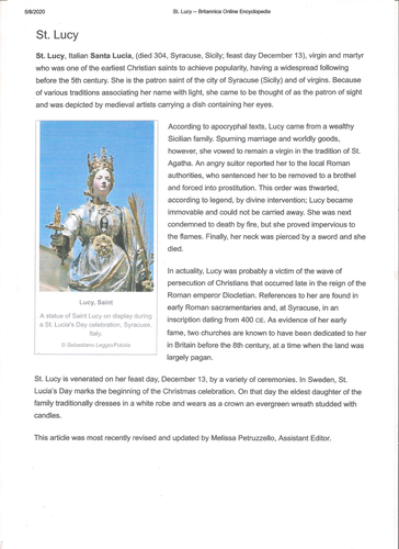 Saint Lucy (d 304) Feast Day 13th December | Teaching Resources