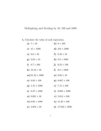 Multiplying and dividing by 10, 100 and 1000 worksheet no 2 (with ...