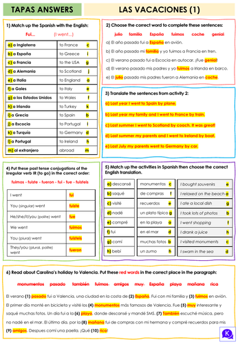 SPANISH TAPAS WORKSHEET WITH ANSWERS - Las vacaciones [1] | Teaching ...