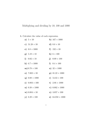 Multiplying and dividing by 10, 100 and 1000 worksheet no 3 (with ...