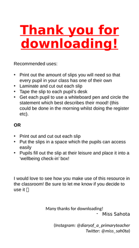 Daily Pupil Wellbeing Check-In Slips | Teaching Resources