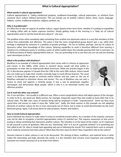 What is Cultural Appropriation? - Reading Comprehension Informational ...