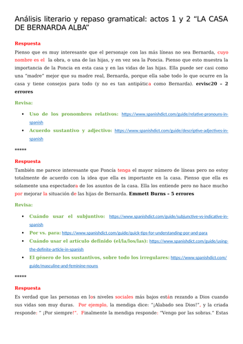 Repaso Gramatical Acto 1 y 2 La Casa de Bernarda Alba | Teaching Resources