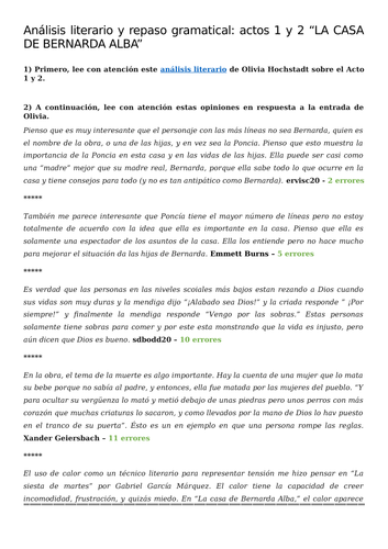 Repaso Gramatical Acto 1 y 2 La Casa de Bernarda Alba | Teaching Resources