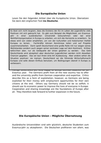 Die EU - AQA A Level German translation practice | Teaching Resources