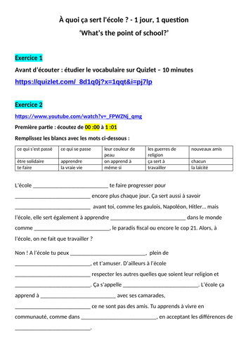 A quoi ça sert, l’école ? 1 jour 1 question listening | Teaching Resources