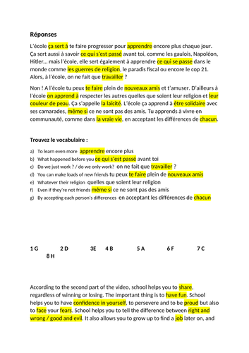A quoi ça sert, l’école ? 1 jour 1 question listening | Teaching Resources