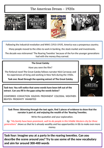 Eng Home learn KS3/4 American Dream Gatsby | Teaching Resources
