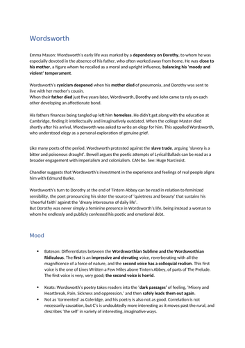 Grade 9 Wordsworth Notes (The Prelude Author). | Teaching Resources