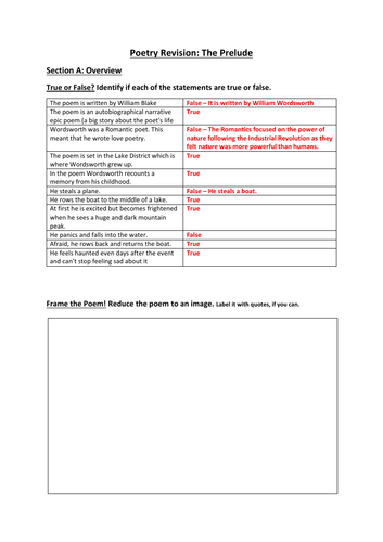 AQA Anthology Poetry Revision Activity Booklet - The Prelude | Teaching ...