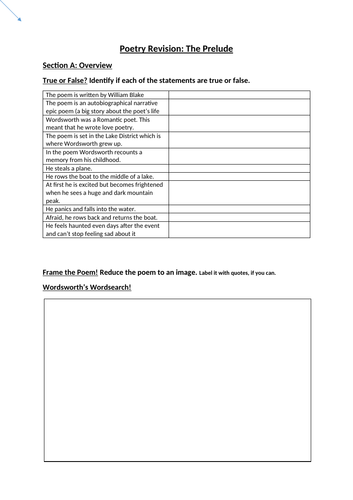 AQA Anthology Poetry Revision Activity Booklet - The Prelude | Teaching ...
