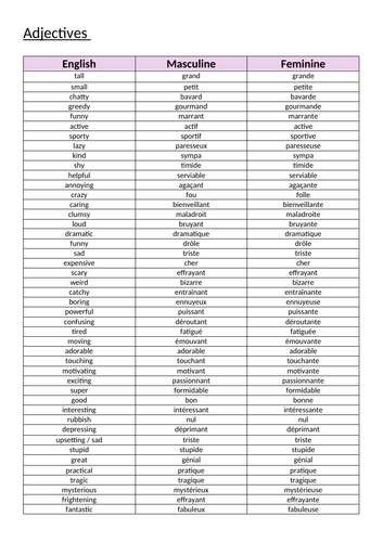 GCSE FRENCH ADJECTIVES | Teaching Resources