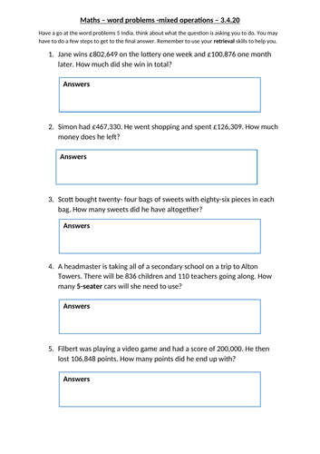 Year 5 mixed operation word problems | Teaching Resources Year 5 mixed operation word problems | Teaching Resources