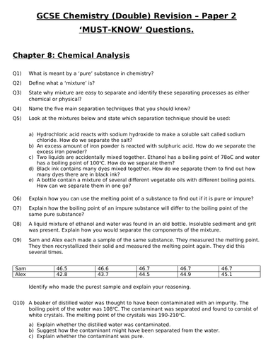 GCSE Chemistry (Double) Revision - Topic 8 Chemical Analysis Questions ...
