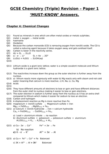 GCSE Triple Chemistry Revision - Topic 4 Chemical Changes Questions and ...