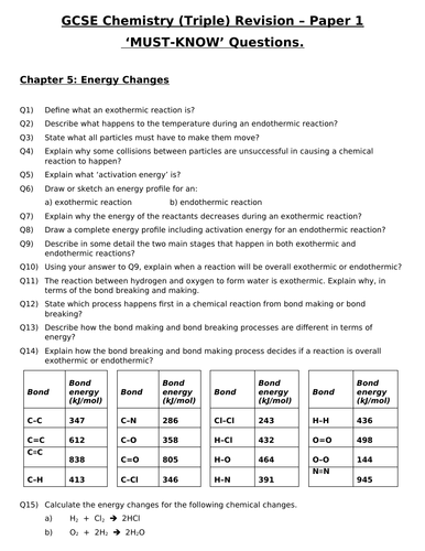 GCSE Triple Chemistry Revision - Topic 5 Energy Changes Questions and ...