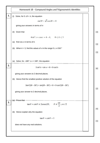 Compound Angles and Trig Identities Exam Questions | Teaching Resources