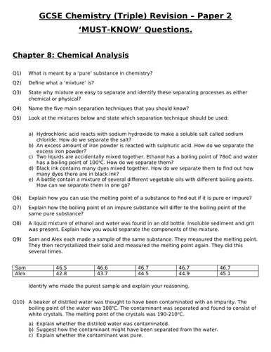 GCSE Triple Chemistry Revision - Topic 8 Chemical Analysis Questions ...