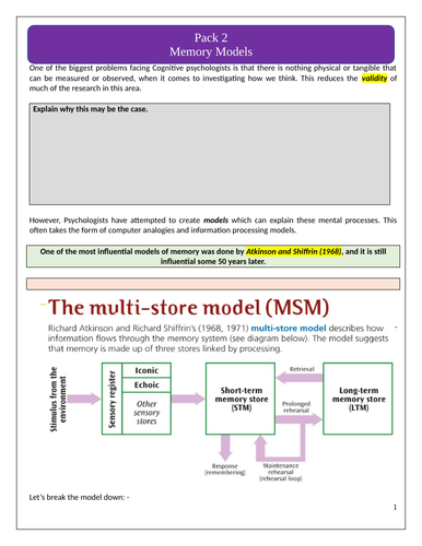 Edexcel GCSE Psychology - Cognition - Pack 2 - Memory Models | Teaching ...