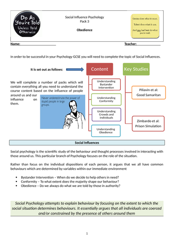 Edexcel GCSE Psychology - Social Influences - Pack 3 - Obedience ...