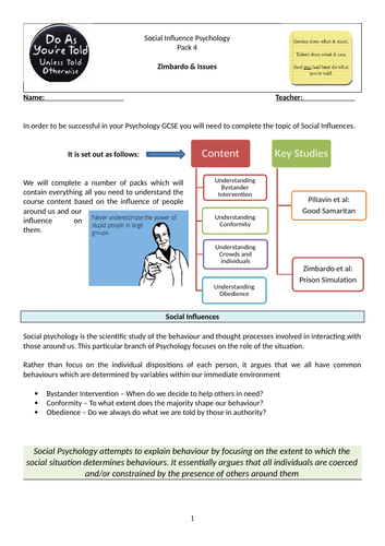 Edexcel GCSE Psychology - Social Influences - Pack 4 - Zimbardo ...