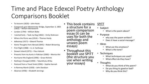Edexcel GCSE English Literature Time and Place Poetry Comparisons ...