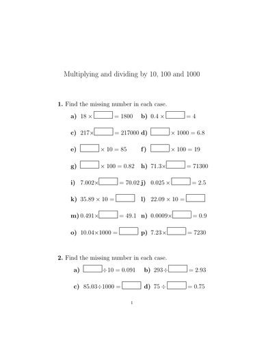 Multiplying and dividing by 10, 100 and 1000 missing numbers and ...