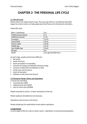 Financial Studies Unit 1-Chapter 2: Personal Life Cycle | Teaching ...