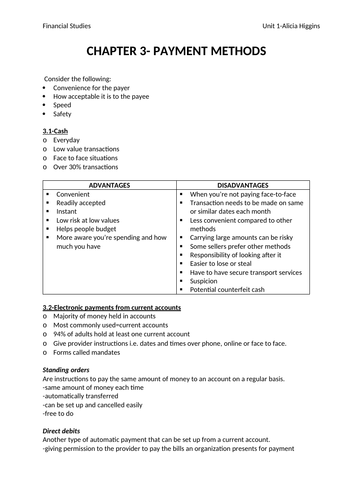 Financial Studies Unit 1- Chapter 3: Payment Methods | Teaching Resources