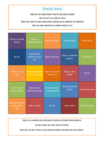 PE Remote Learning Challenge - Fitness Bingo | Teaching Resources