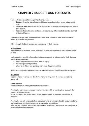 Financial Studies Unit 1- Chapter 9: Budgets & Forecasts | Teaching ...