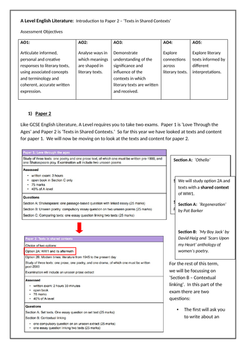 AQA A Level English Lit - Paper 2 WW1 Unseen Prose | Teaching Resources
