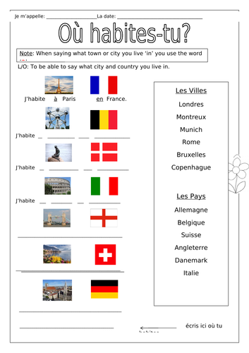 FRENCH - Where I live - en, au et aux | Teaching Resources