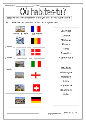 FRENCH - Where I live - en, au et aux | Teaching Resources