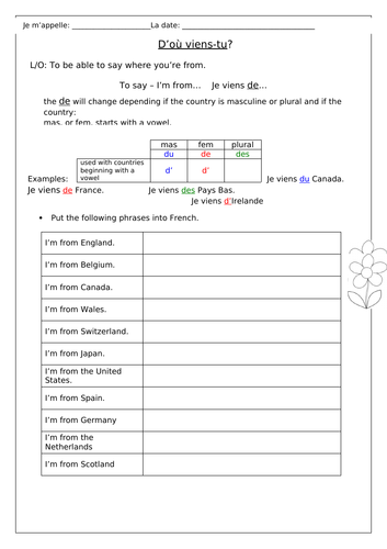 FRENCH - Where I live - en, au et aux | Teaching Resources