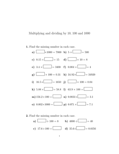 Multiplying and dividing by 10, 100 and 1000 missing numbers and ...