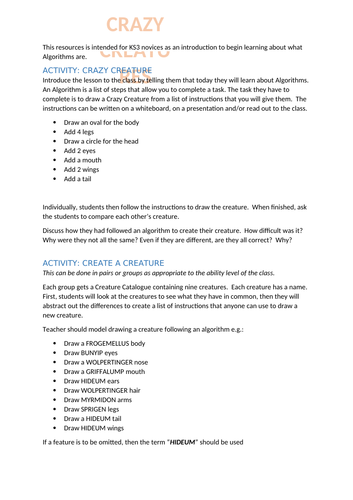 Crazy Creatures - Algorithm Activity | Teaching Resources