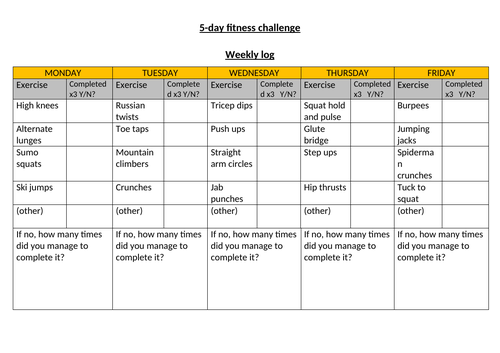 5-day stay at home fitness challenge | Teaching Resources